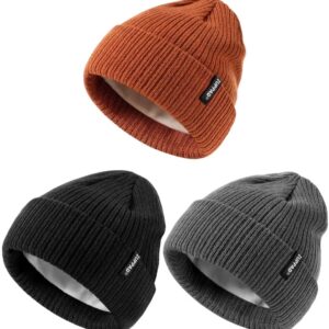 ZUPPAD Baby Beanie Hats, 3-Pack Winter Knit Hats with Fleece Lining for Boys and Girls (Dark Orange, Grey, Black)