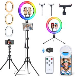 𝗡𝗲𝘄𝗲𝘀𝘁 13" selfie ring light with 63" stand and 3 phone holder, 53 lighting modes, ipad holder, remote, desk tripod, rgb ringlight for iphone. vlogging circle led halo light photo video kit