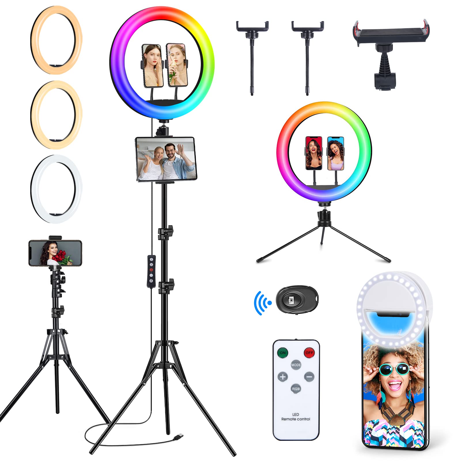 𝗡𝗲𝘄𝗲𝘀𝘁 13" Selfie Ring Light with 63" Stand and 3 Phone Holder, 53 Lighting Modes, iPad Holder, Remote, Desk Tripod, RGB Ringlight for iPhone. Vlogging Circle Led Halo Light Photo Video Kit