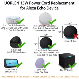 Echo 15W Power Cord Replacement for Alexa Echo Dot 3rd/4th/5th Generation, Echo Show 5 (1st 2nd Gen), Echo Pop, Echo Spot, Fite TV Cube Power Adapter Charger Charging Cable 6.6ft