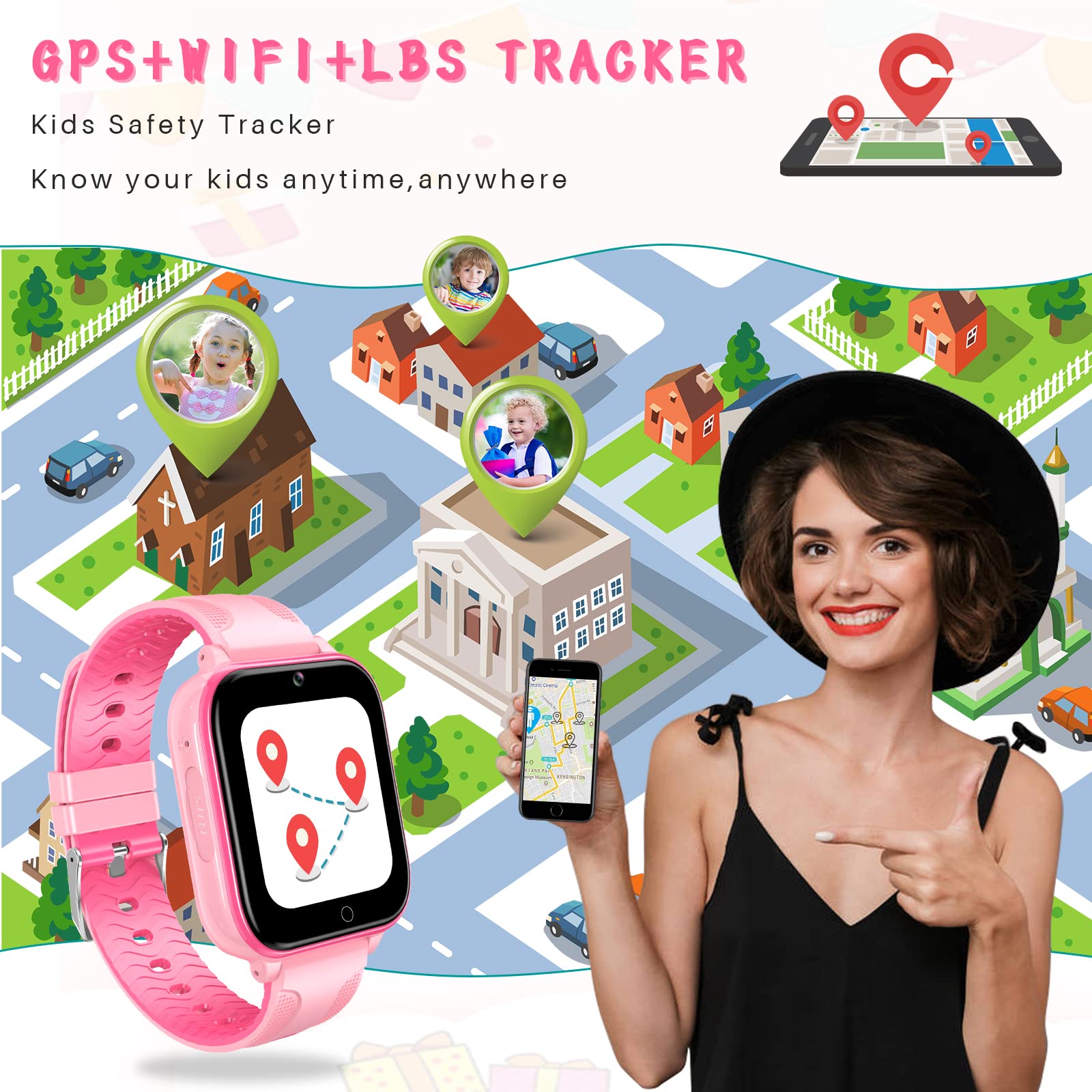 OKYUK 4G SmartWatch for Kids, 1.69'' Touch Screen Child's Mini Cell Phone Watch with GPS Tracker, SOS Calling, Face Unlock Wristwatch for Boys Girls, Birthday Xmas Gifts for Age 3-12 Years (Pink)