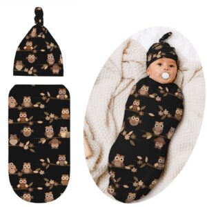 qwalnely swaddling blanket for baby, sleeping sacks, unisex baby stuff with hat, black, owl