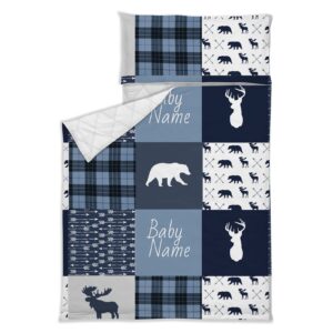 personalized name nap mat for toddlers, custom woodland moose sleeping bag with pillow case & blanket quilt for kids girls boys, slumber bags for daycare, preschool, kindergarten