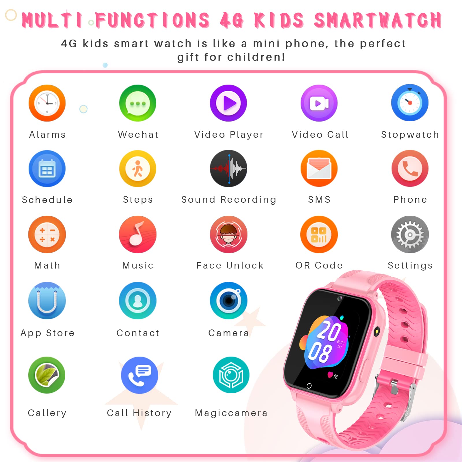 OKYUK 4G SmartWatch for Kids, 1.69'' Touch Screen Child's Mini Cell Phone Watch with GPS Tracker, SOS Calling, Face Unlock Wristwatch for Boys Girls, Birthday Xmas Gifts for Age 3-12 Years (Pink)