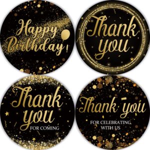 80 pieces black gold happy birthday thank you stickers, boy girl big milestone bday party decorate round party gift wrap bag label decorations, 4 design stickers