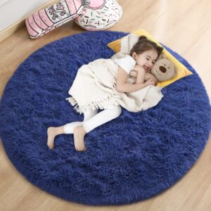 gifeas navy blue round rug for girls bedroom, fluffy circle rug 4'x4' for kids room decor, shaggy circular rug for baby nursery dorm, upgrade fuzzy plush rug for living room, cute room decor for teens