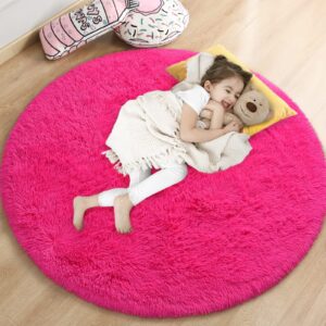 gifeas hot pink round rug for girls bedroom, fluffy circle rug 4'x4' for kids room decor, shaggy circular rug for baby nursery dorm, upgrade fuzzy plush rug for living room, cute room decor for teen