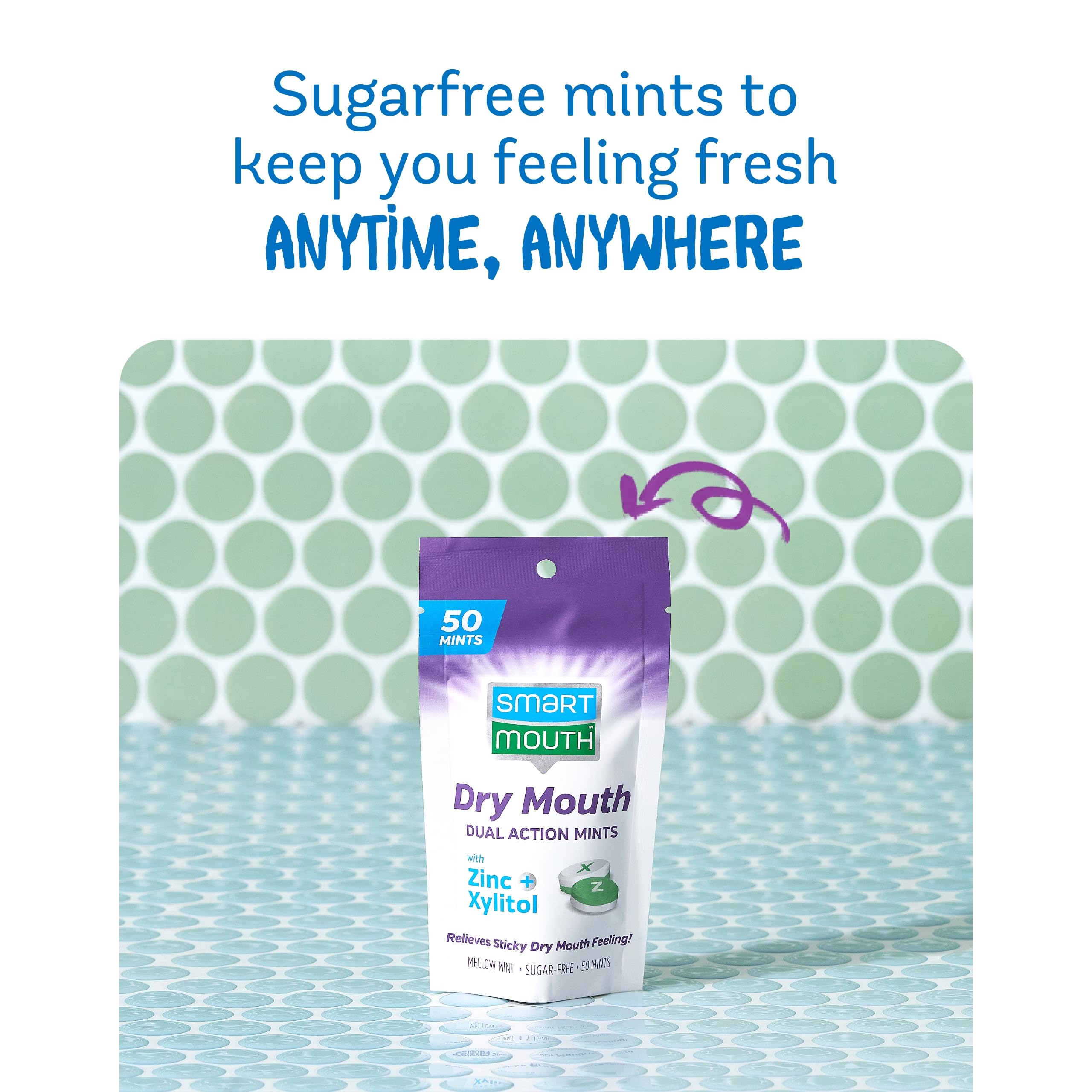 SmartMouth Dry Mouth Dual-Action Mints - Sugar-Free Breath Mints - 50 Count, 4 Pack, Mellow Mint