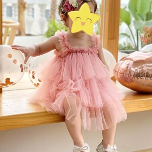 AGQT Baby Girls Tulle Tutu Dress Toddlers Tulle Layered Lace Dresses Sleeveless Princess Party Dress Summer Ruffles Sundress with Flower Headband Pink Size 12-18 Months