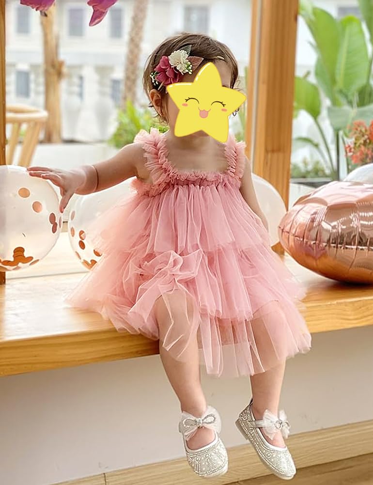 AGQT Baby Girls Tulle Tutu Dress Toddlers Tulle Layered Lace Dresses Sleeveless Princess Party Dress Summer Ruffles Sundress with Flower Headband Pink Size 12-18 Months