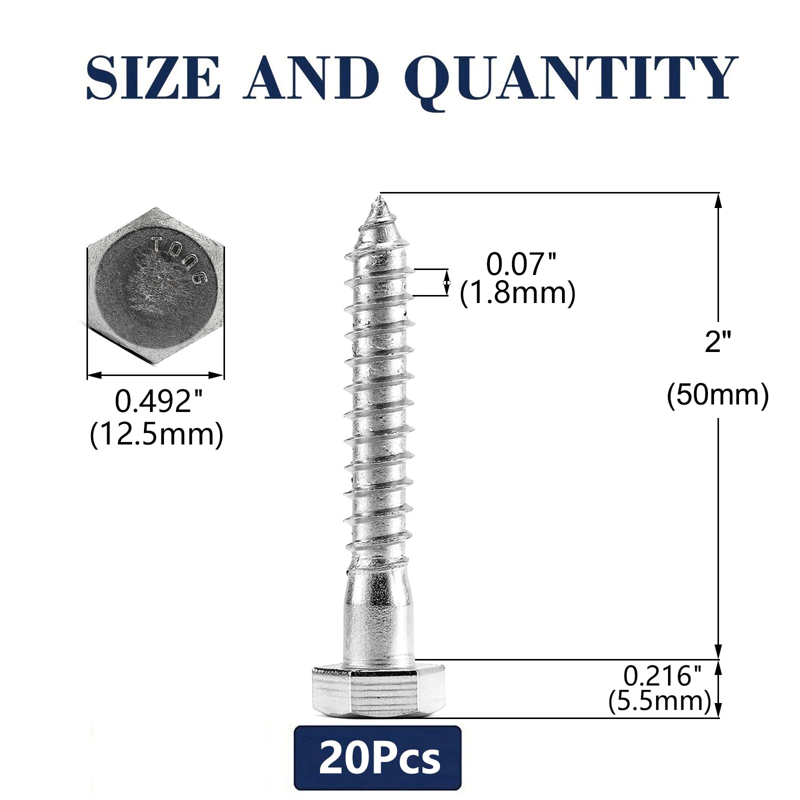 5/16" x 2" Hex Head Lag Screws Bolts 20Pcs 304 Stainless Steel 18-8, Partial Thread, Hexagon Head Wood Screws by SG TZH