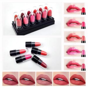 12pcs capsule pills lipstick mini lip stick packs matte lipstick set for women,3 strawberry mint apple flavor lip balm, 3 changing color jelly magic lipstick, 3 matte lipstick, 3 metallic lipstick, long-lasting wear non-stick cup not fade waterproof lipst