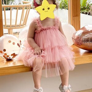 AGQT Baby Girls Tulle Tutu Dress Toddlers Tulle Layered Lace Dresses Sleeveless Princess Party Dress Summer Ruffles Sundress with Flower Headband Pink Size 12-18 Months