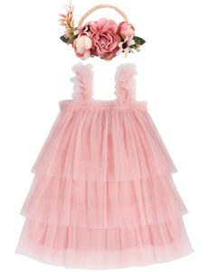 agqt baby girls tulle tutu dress toddlers tulle layered lace dresses sleeveless princess party dress summer ruffles sundress with flower headband pink size 12-18 months