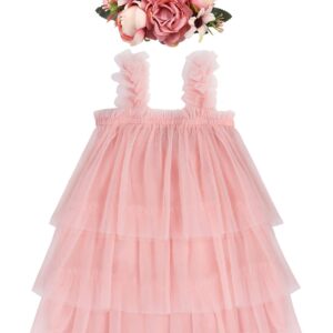 AGQT Baby Girls Tulle Tutu Dress Toddlers Tulle Layered Lace Dresses Sleeveless Princess Party Dress Summer Ruffles Sundress with Flower Headband Pink Size 12-18 Months