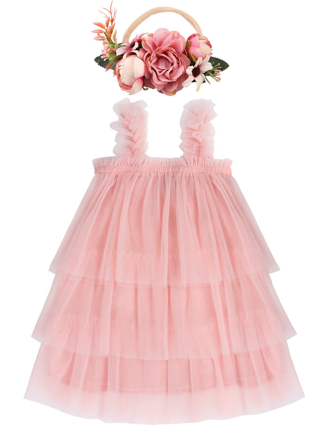 AGQT Baby Girls Tulle Tutu Dress Toddlers Tulle Layered Lace Dresses Sleeveless Princess Party Dress Summer Ruffles Sundress with Flower Headband Pink Size 12-18 Months