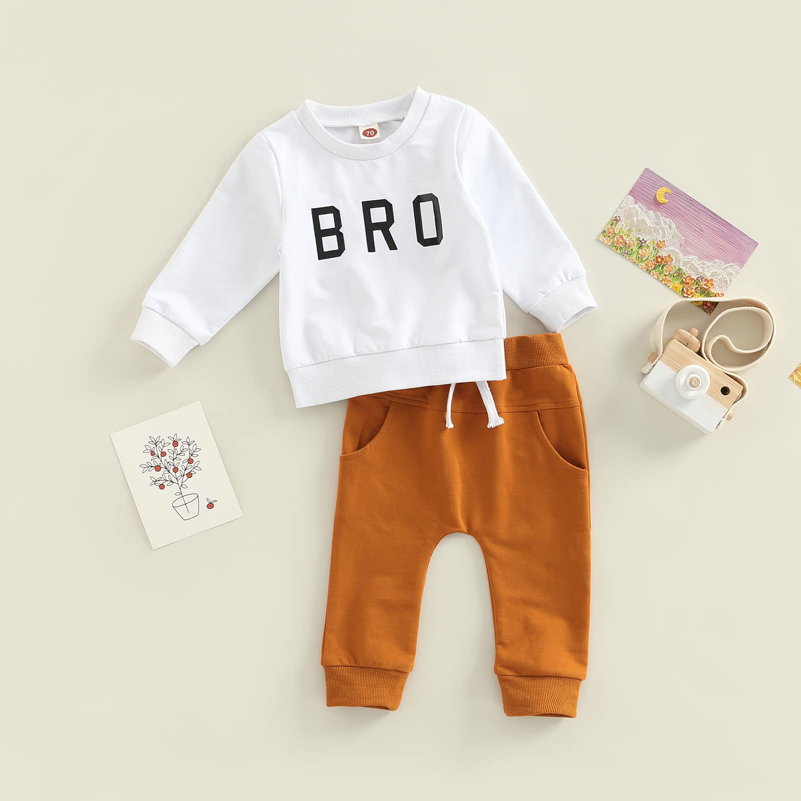 Sprifallbaby Toddler Newborn Baby Boy Outfit Bro Long Sleeve Sweatshirts Pants Clothes Set Infant Boys Fall Winter 2PCS (White,6-12 Months)