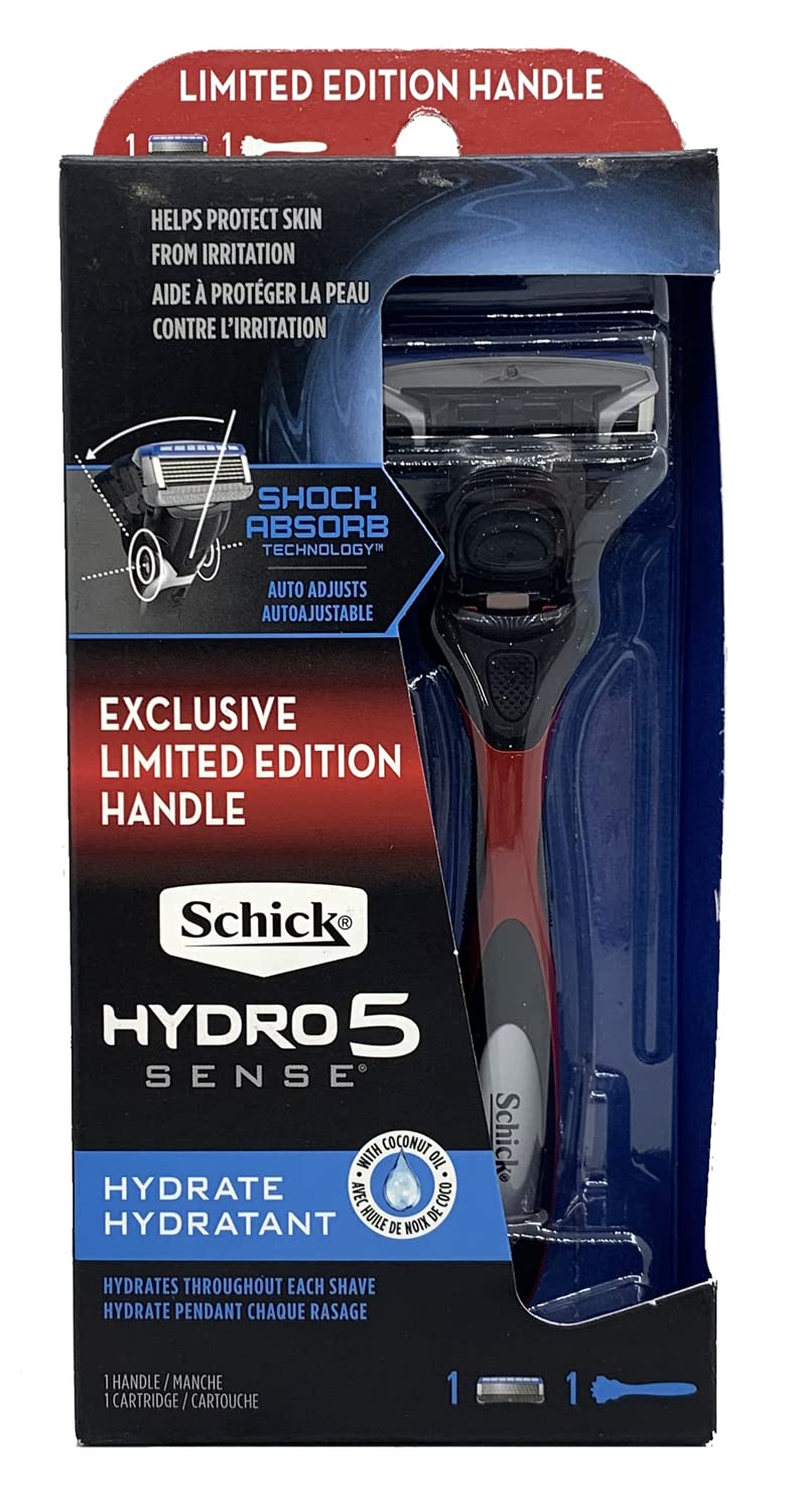 Schick Hydro 5 Sense Hydrate Razor Limited Edition Handle with Shock Absorb Technology for Men, 1 Handle with 1 Refill (Handle Color Chosen Randomly)