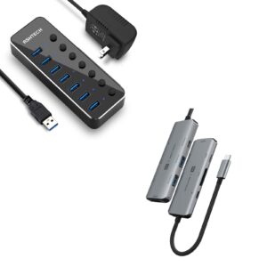 rshtech 7 port powered usb 3.0 hub with ac adapter + 7 in 1 usb c hub with 8k hdmi port, 3 10gbps usb 3.2 data ports, 100w pd and sd/tf card reader