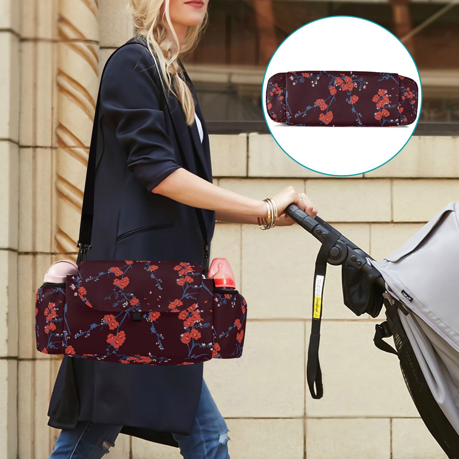 Emelivor Blooming Flower Red Baby Stroller Organizer with Cup Holders Stroller Accessories with Adjustable Shoulder Strap for Phone, Keys, Toys Fit All Strollers