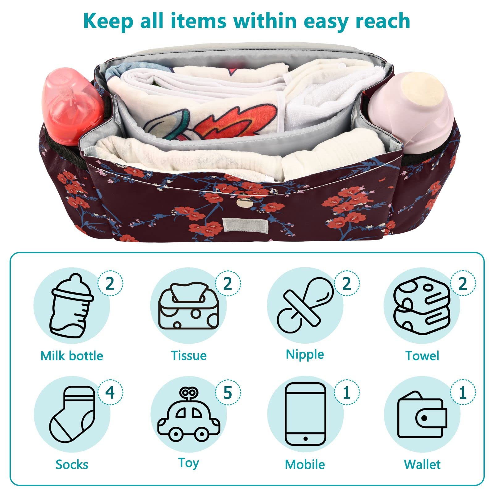 Emelivor Blooming Flower Red Baby Stroller Organizer with Cup Holders Stroller Accessories with Adjustable Shoulder Strap for Phone, Keys, Toys Fit All Strollers