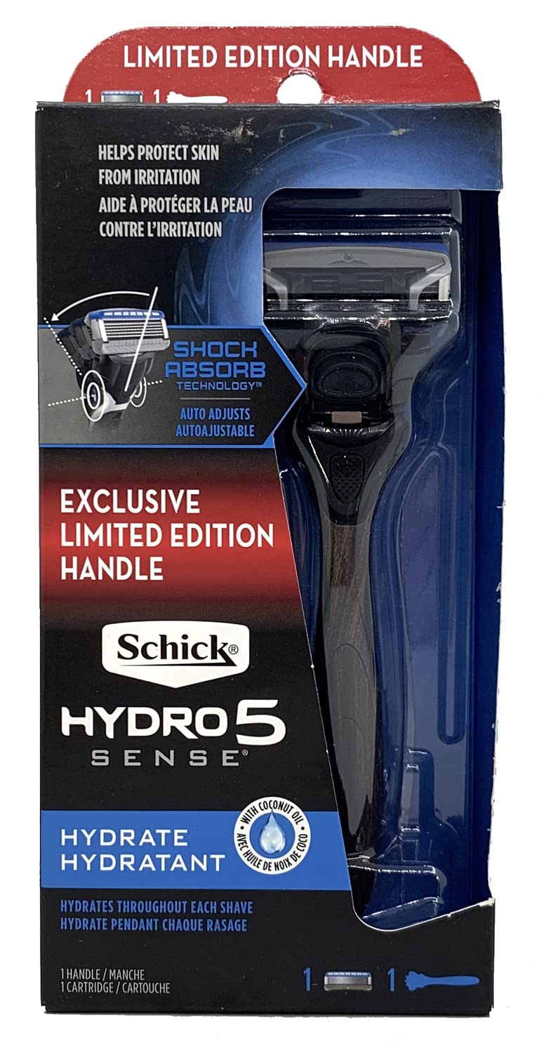 Schick Hydro 5 Sense Hydrate Razor Limited Edition Handle with Shock Absorb Technology for Men, 1 Handle with 1 Refill (Handle Color Chosen Randomly)