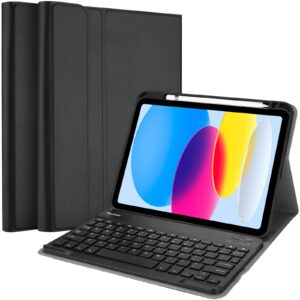 procase case with keyboard for ipad 10th generation 10.9 inch 2022, pu leather case with magnetically detachable wireless keyboard for ipad 10th gen a2696 a2757 a2777-black