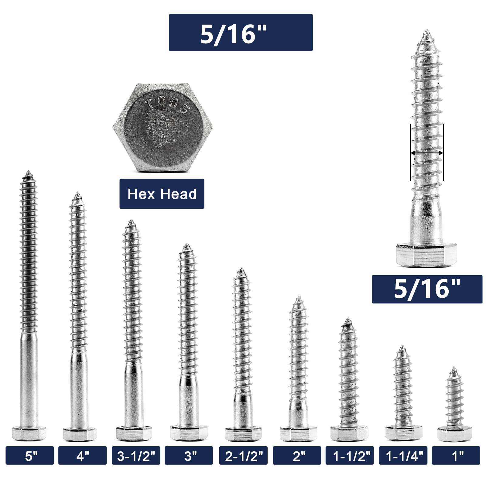 5/16" x 2" Hex Head Lag Screws Bolts 20Pcs 304 Stainless Steel 18-8, Partial Thread, Hexagon Head Wood Screws by SG TZH