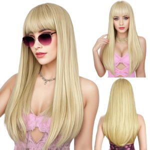 entranced styles blonde wig with bangs, long straight wigs for women natural hair wigs synthetic blonde wigs for girls daily party halloween cosplay wig 22 inch