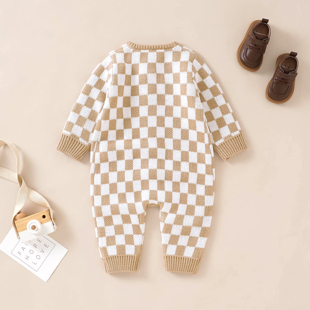 SAYOO Unisex Baby Girl Boy Knitted Romper Jumpsuit Checkerboard Plaid One Piece Button Down Sweater Playsuit Clothes (Camel, 0-3 Months)