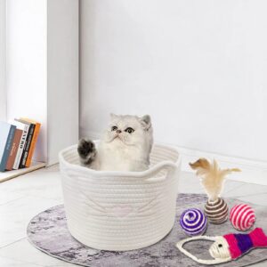 LUSE LIVE Small Woven Basket,Rope Storage Basket with Handle,Cute Cotton Basket for Nursery,Cat Dog Toy Storage Organizer Basket,Storage Bins for Toy Organizer,White-pink,10×10×7 inch