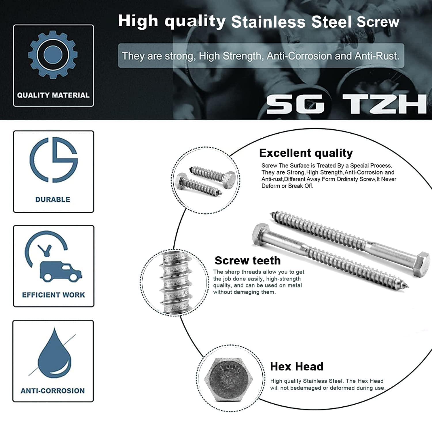 5/16" x 2" Hex Head Lag Screws Bolts 20Pcs 304 Stainless Steel 18-8, Partial Thread, Hexagon Head Wood Screws by SG TZH