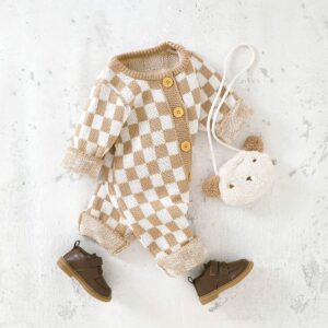 SAYOO Unisex Baby Girl Boy Knitted Romper Jumpsuit Checkerboard Plaid One Piece Button Down Sweater Playsuit Clothes (Camel, 0-3 Months)