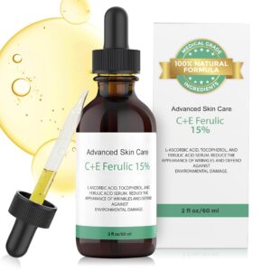 advanced skin care 15% vitamin c e ferulic acid serum, 2 oz / 60 ml - unisex, skin serum, all skin types, uv protection, brightening, rejuvenation