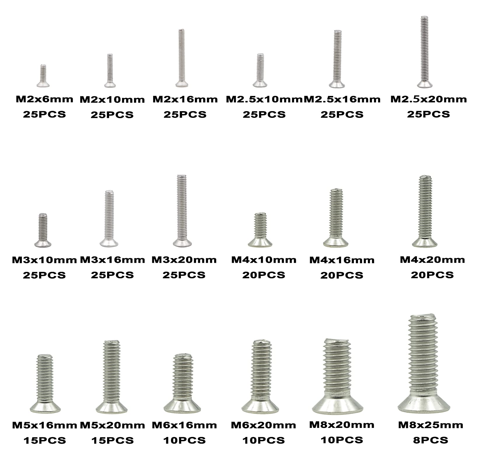 MCMASKE 353PCS Metric M2 M2.5 M3 M4 M5 M6 M8 304 Stainless Steel Phillips Flat Head Machine Screws Assortment Kit