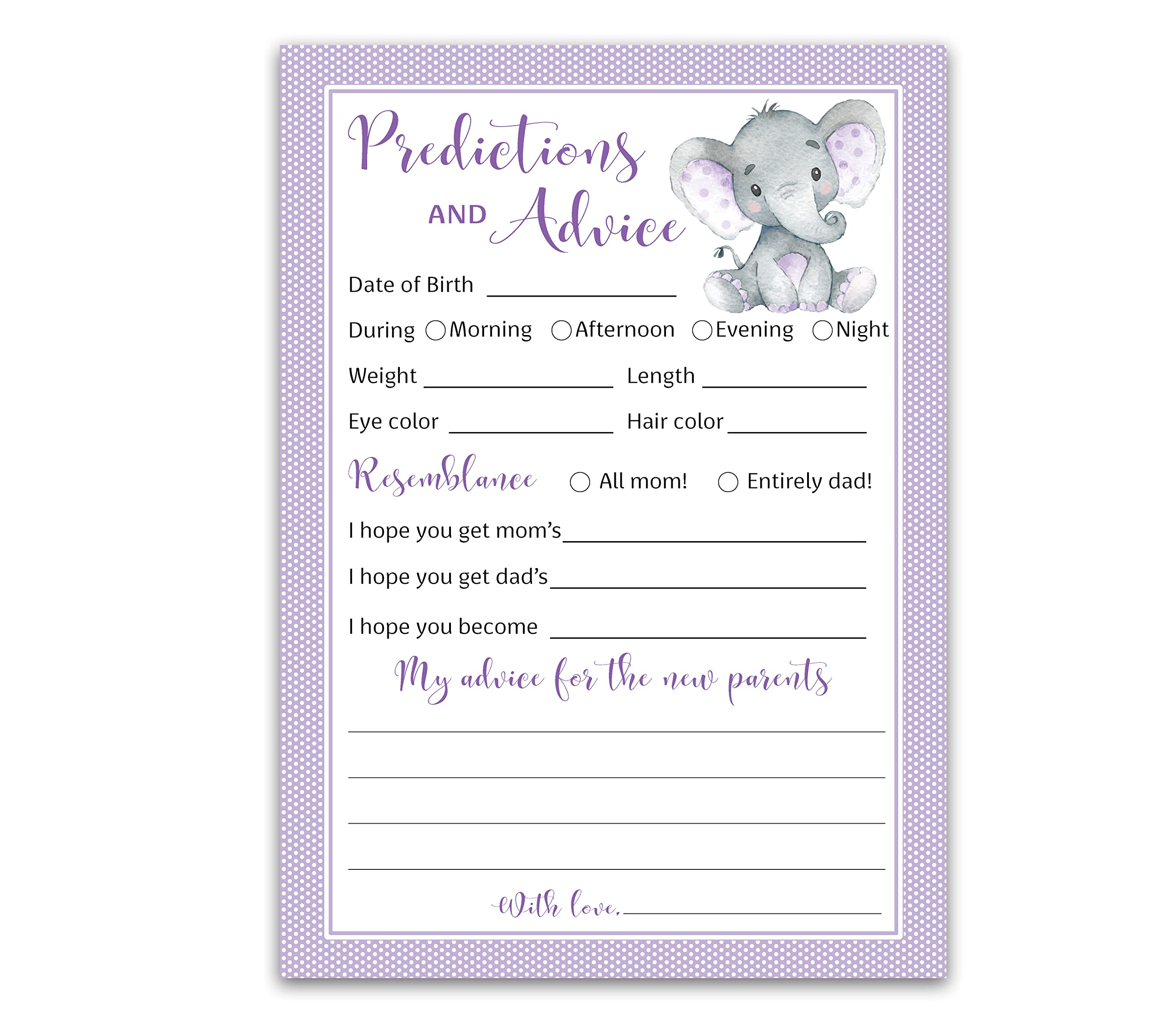 PURPLE ELEPHANT Prediction and Advice Cards - Pack of 25 - Girl Boy Baby Shower Games, New Parents, Mom & Dad to be, Mommy & Daddy Message, Couples Coed Shower Activity Keepsake Book G503-PDAV