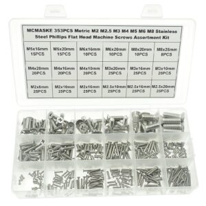 MCMASKE 353PCS Metric M2 M2.5 M3 M4 M5 M6 M8 304 Stainless Steel Phillips Flat Head Machine Screws Assortment Kit