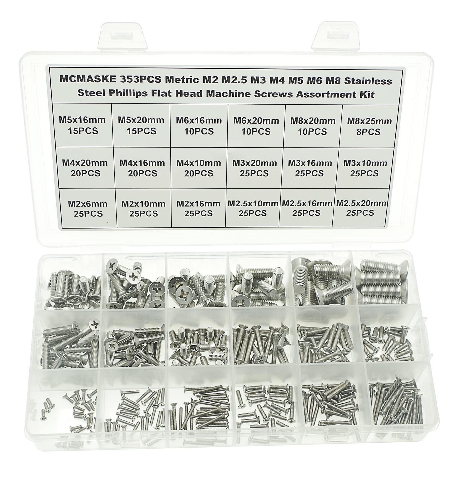 MCMASKE 353PCS Metric M2 M2.5 M3 M4 M5 M6 M8 304 Stainless Steel Phillips Flat Head Machine Screws Assortment Kit