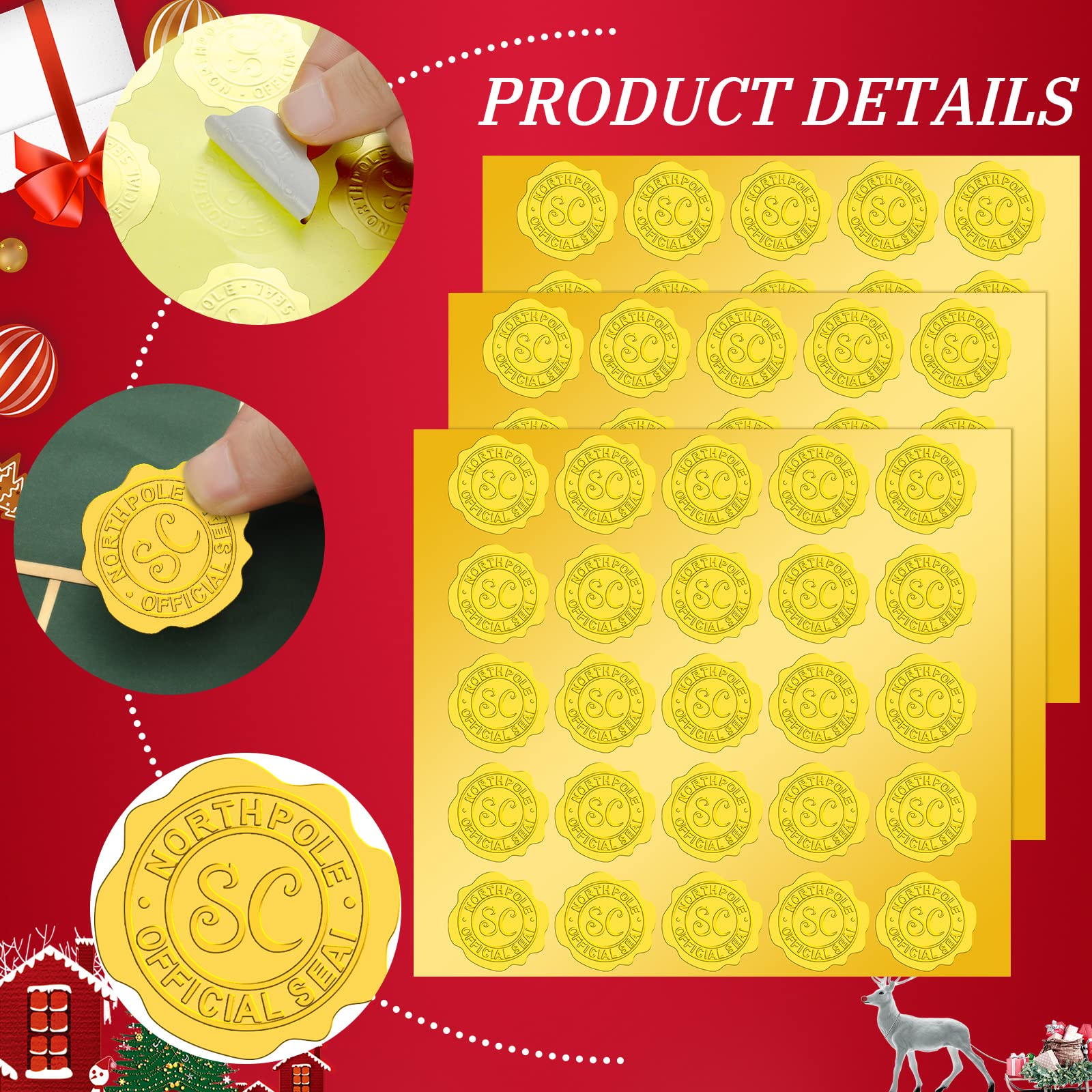 500 Pieces Christmas Wax Seal Stickers Vintage Santa Claus Embossed Gold Wax Seal Sticker Holiday Envelope Seal Label North Pole Official Seal Sticker Self Adhesive Foil for Invitation Card Box