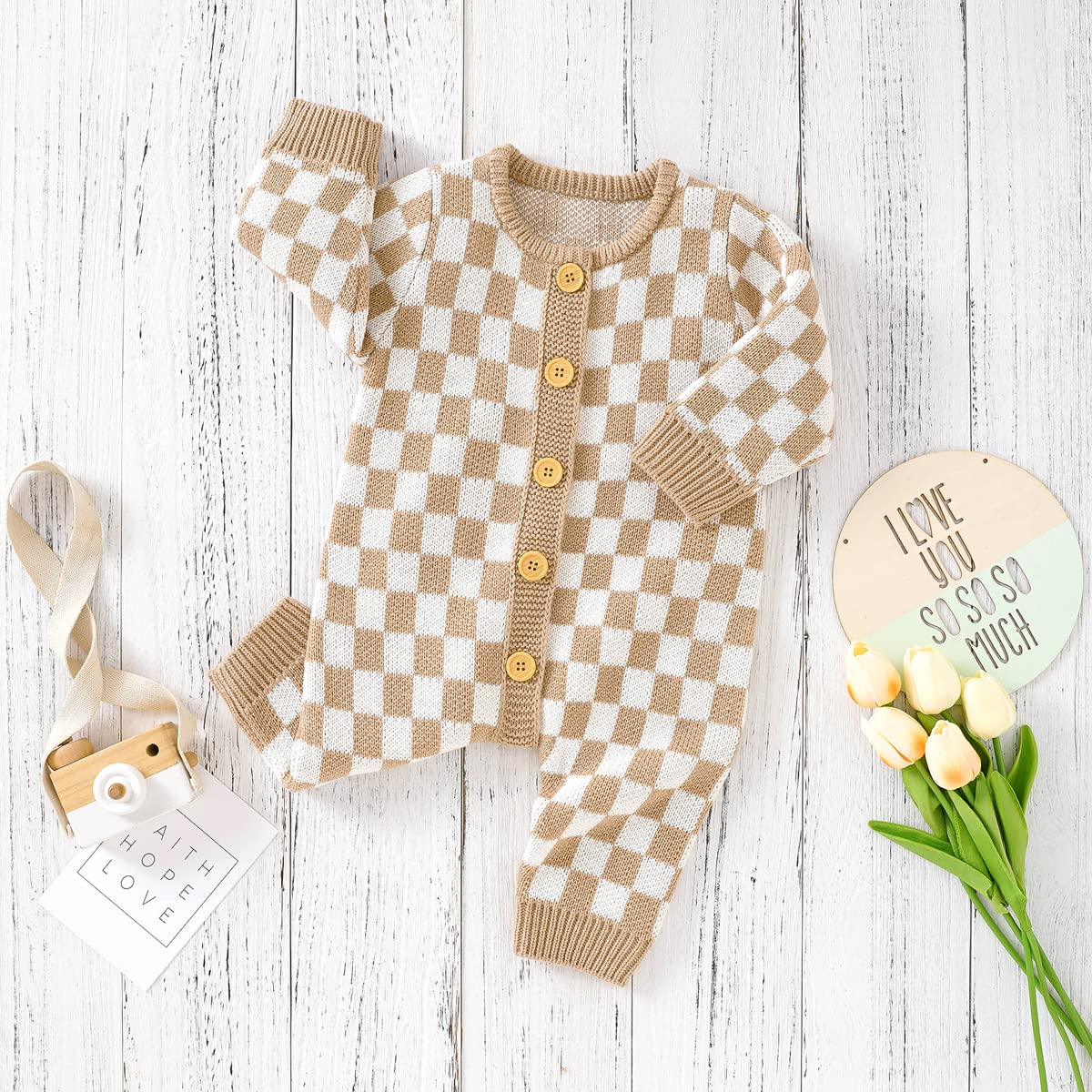 SAYOO Unisex Baby Girl Boy Knitted Romper Jumpsuit Checkerboard Plaid One Piece Button Down Sweater Playsuit Clothes (Camel, 0-3 Months)