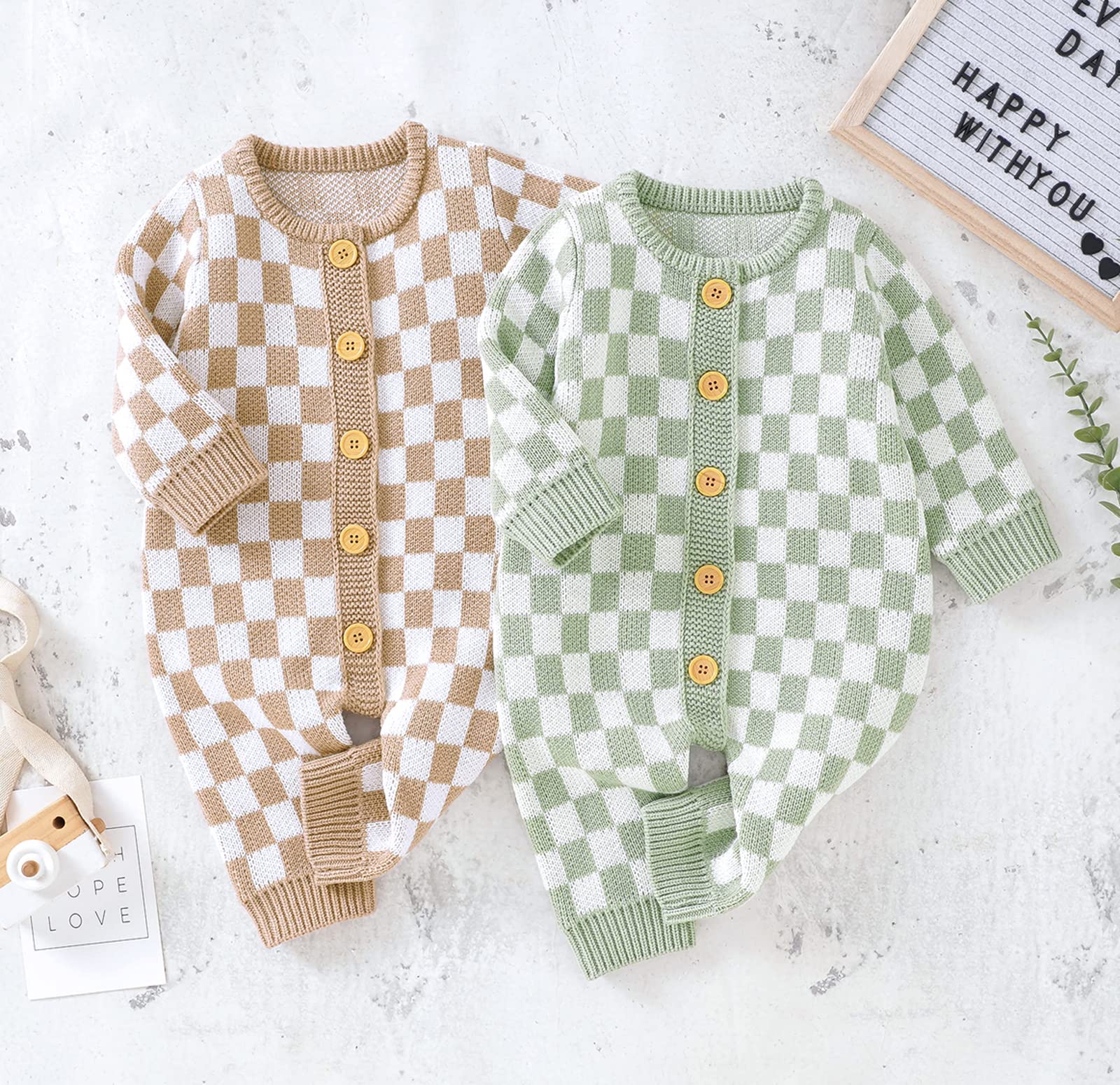 SAYOO Unisex Baby Girl Boy Knitted Romper Jumpsuit Checkerboard Plaid One Piece Button Down Sweater Playsuit Clothes (Camel, 0-3 Months)