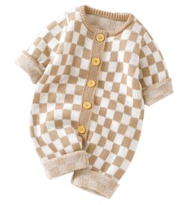 sayoo unisex baby girl boy knitted romper jumpsuit checkerboard plaid one piece button down sweater playsuit clothes (camel, 0-3 months)