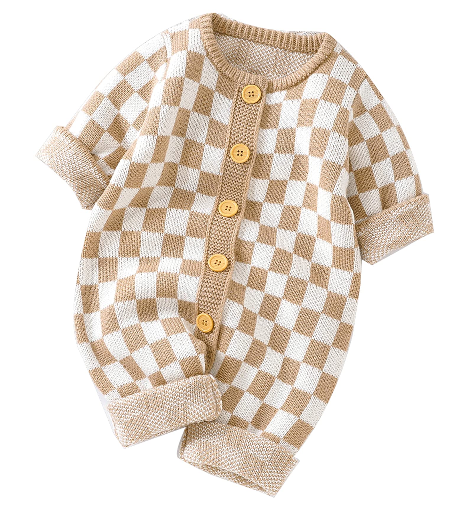 SAYOO Unisex Baby Girl Boy Knitted Romper Jumpsuit Checkerboard Plaid One Piece Button Down Sweater Playsuit Clothes (Camel, 0-3 Months)