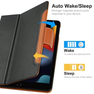 for iPad 9th/8th/7th Generation 10.2 Inch Case (2021/2020/2019) Built-in Pencil Holder, Folio Stand Protective Cover with Auto Sleep/Wake & Multiple Viewing Angles for iPad 9/8/7 Gen, Black/Brown