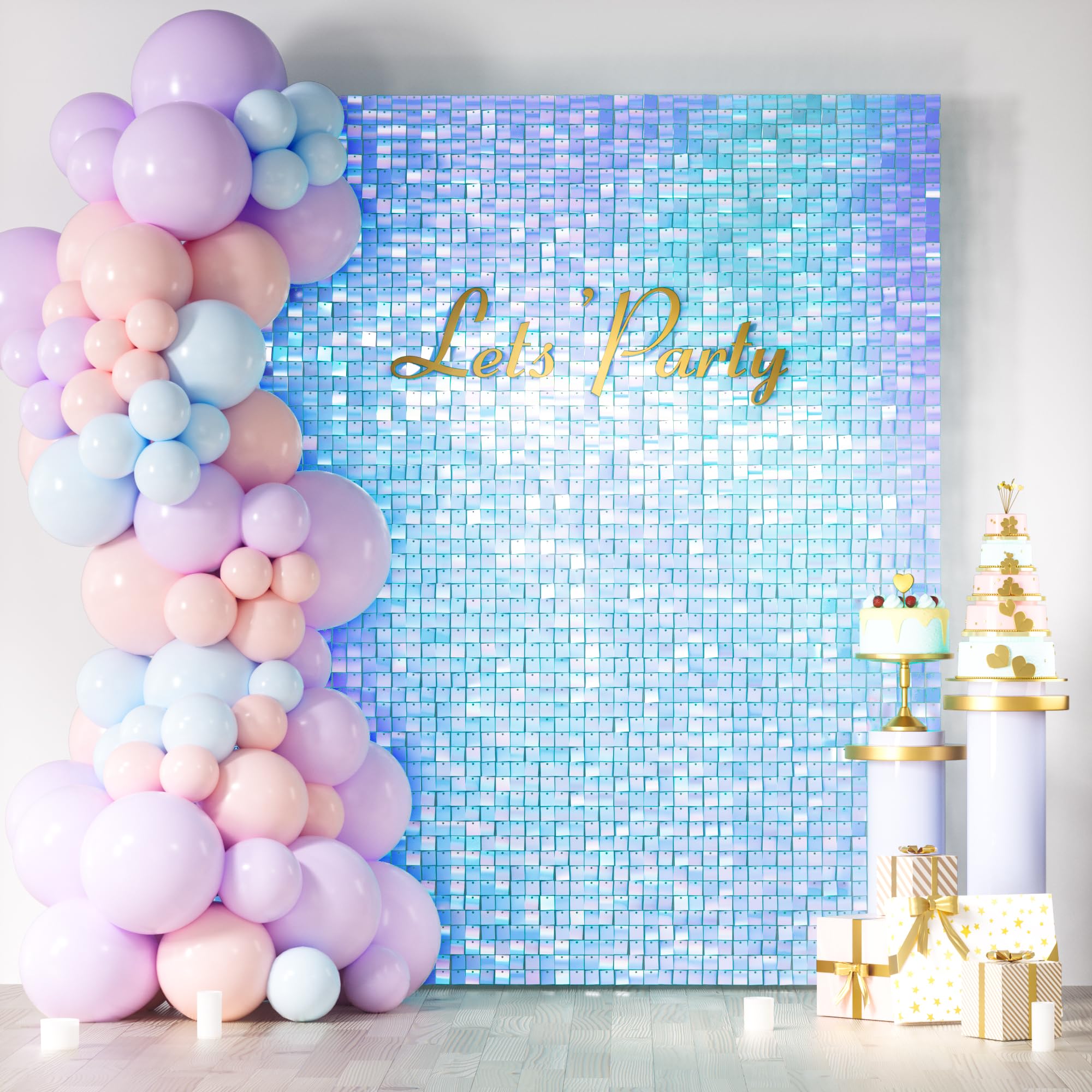 COKAOBE Rainbow Blue Shimmer Wall Backdrop 24PCS Rainbow Blue Sequins Backdrop Decoration Panels, Photo Backdrops for Baby Shower Mermaid Unicorn Birthday Anniversary Wedding Decoration (Rainbow Blue)