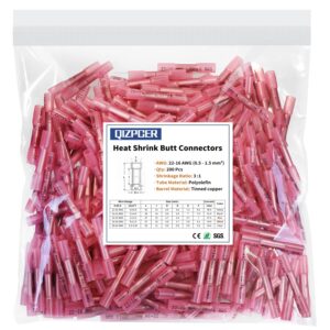 heat shrink butt wire connectors, 200 pcs red 22-16 awg insulated waterproof electrical wire connectors automotive marine wire crimp terminals butt splices for boat, car