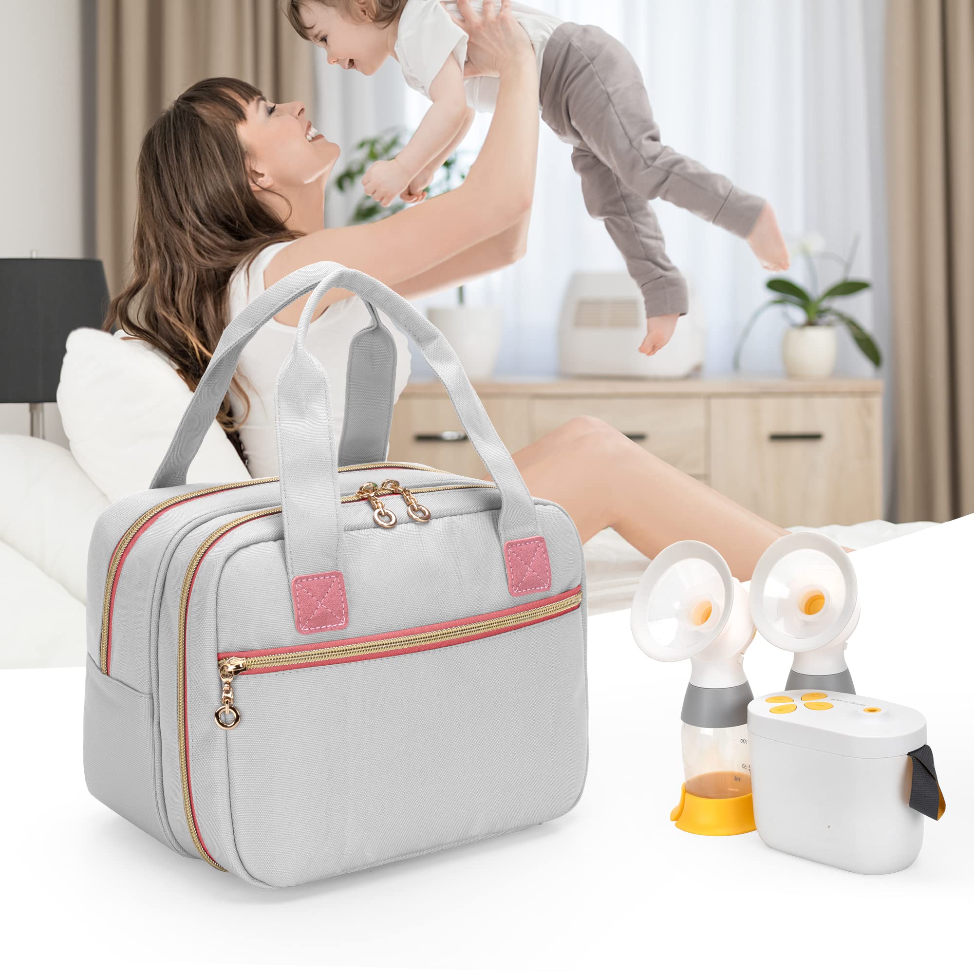 Damero Breast Pump Bag Compatible with Medela Electric Breast Pump, Carrying Bag for Pump in Style Max Flow, Freestyle Flex, Swing Maxi Pump and Parts, Light-Gray Pink (Bag Only)