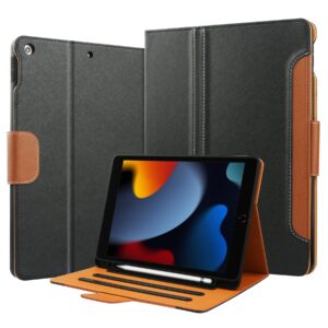 for ipad 9th/8th/7th generation 10.2 inch case (2021/2020/2019) built-in pencil holder, folio stand protective cover with auto sleep/wake & multiple viewing angles for ipad 9/8/7 gen, black/brown