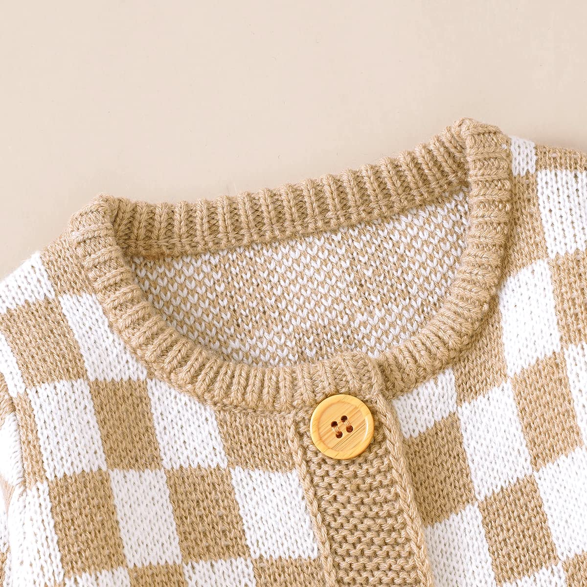 SAYOO Unisex Baby Girl Boy Knitted Romper Jumpsuit Checkerboard Plaid One Piece Button Down Sweater Playsuit Clothes (Camel, 0-3 Months)