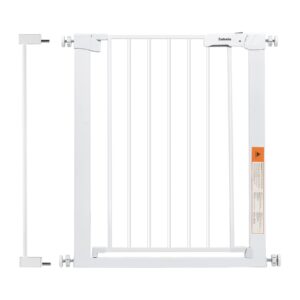 babelio 26-32 inch easy install narrow pressure mounted metal baby gate, no drilling, no tools required, with wall protectors and extenders (white)